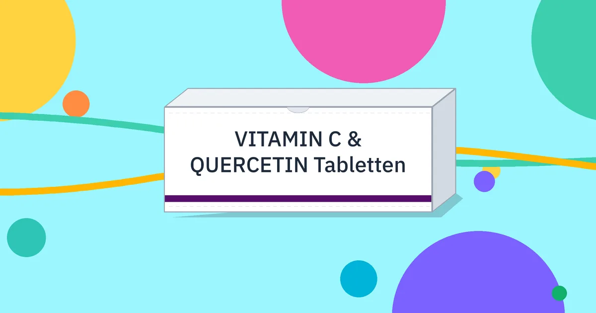 Symbolbild: Packung mit der Aufschrift VITAMIN C & QUERCETIN Tabletten (PZN 19740596) – Verfügbarkeit und Bezug in Apotheken in Frankfurt am Main