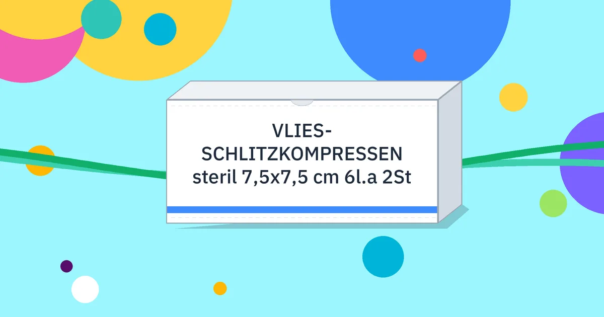 Symbolbild: Packung mit der Aufschrift VLIES-SCHLITZKOMPRESSEN steril 7,5x7,5 cm 6l.a 2St (PZN 10352384) – Verfügbarkeit und Bezug in Apotheken in Frankfurt am Main