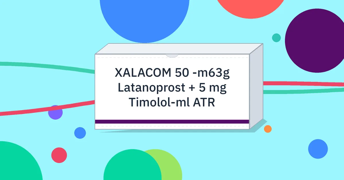 Symbolbild: Packung mit der Aufschrift XALACOM 50 -m63g Latanoprost + 5 mg Timolol-ml ATR (PZN 19338173) – Verfügbarkeit und Bezug in Apotheken in Frankfurt am Main