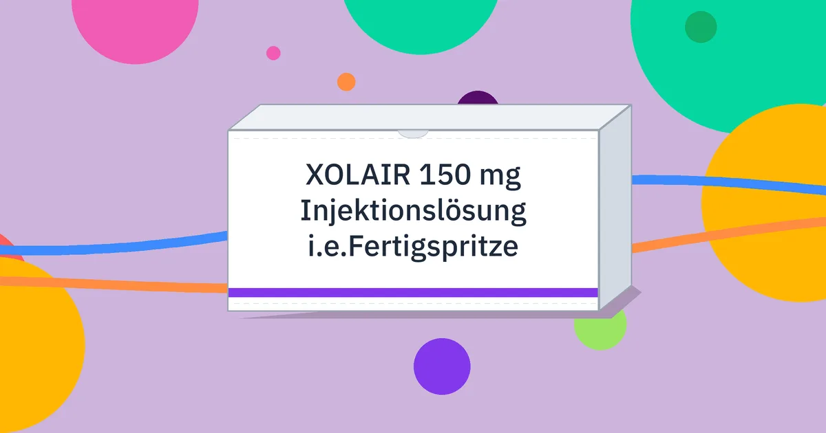 Symbolbild: Packung mit der Aufschrift XOLAIR 150 mg Injektionslösung i.e.Fertigspritze (PZN 14356580) – Verfügbarkeit und Bezug in Apotheken in Frankfurt am Main