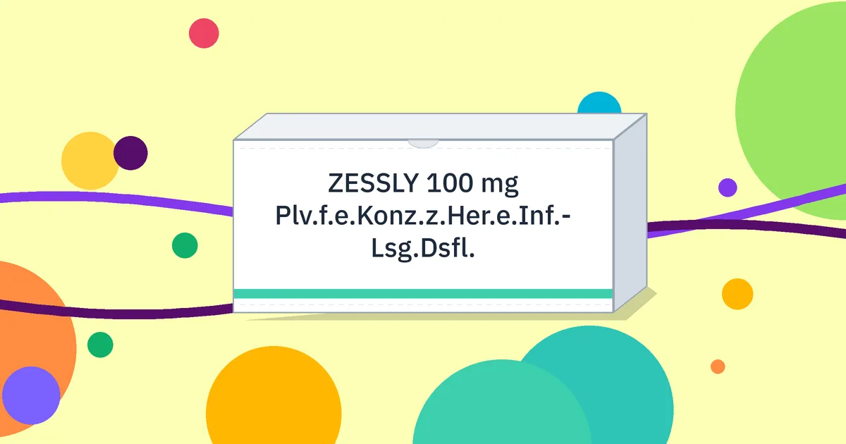 Symbolbild: Packung mit der Aufschrift ZESSLY 100 mg Plv.f.e.Konz.z.Her.e.Inf.-Lsg.Dsfl. (PZN 15395547) – Verfügbarkeit und Bezug in Apotheken in Frankfurt am Main