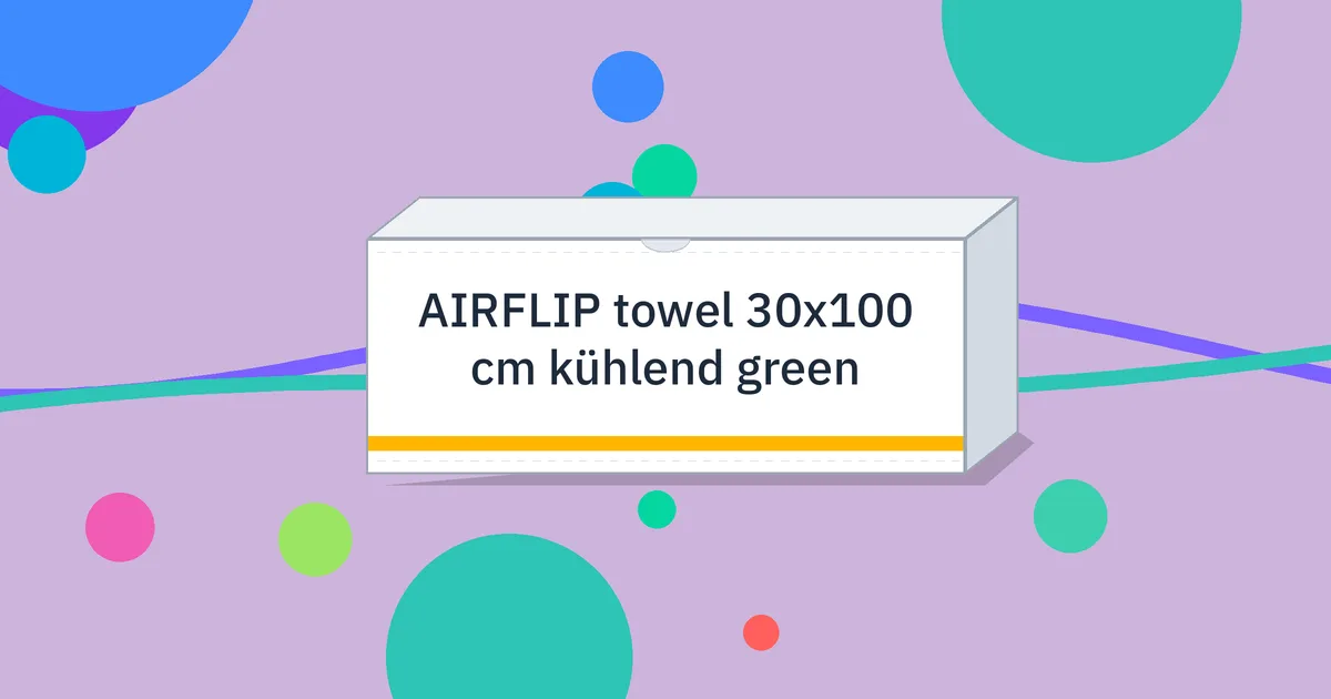 Symbolbild: Packung mit der Aufschrift AIRFLIP towel 30x100 cm kühlend green (PZN 19797567) – Verfügbarkeit und Bezug in Apotheken in Frankfurt am Main