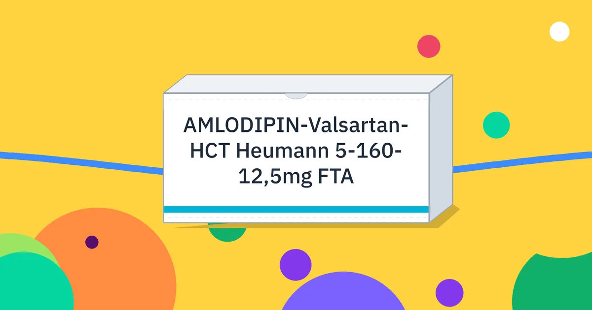 Symbolbild: Packung mit der Aufschrift AMLODIPIN-Valsartan-HCT Heumann 5-160-12,5mg FTA (PZN 14235600) – Verfügbarkeit und Bezug in Apotheken in Frankfurt am Main