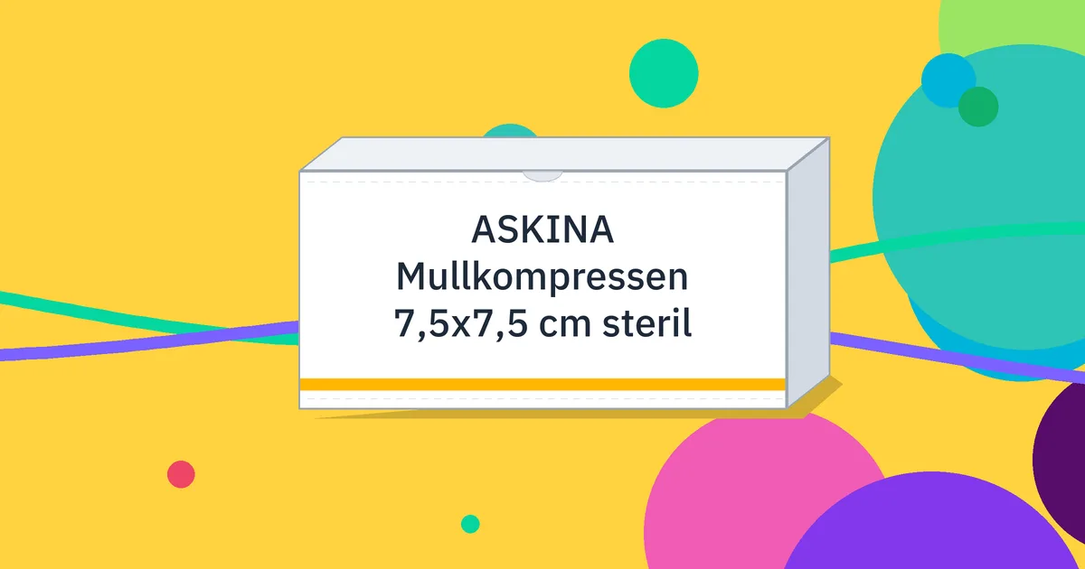 Symbolbild: Packung mit der Aufschrift ASKINA Mullkompressen 7,5x7,5 cm steril (PZN 11310695) – Verfügbarkeit und Bezug in Apotheken in Frankfurt am Main