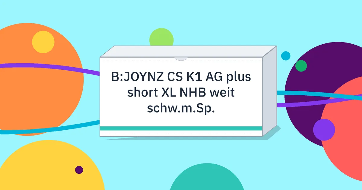 Symbolbild: Packung mit der Aufschrift B:JOYNZ CS K1 AG plus short XL NHB weit schw.m.Sp. (PZN 20535708) – Verfügbarkeit und Bezug in Apotheken in Frankfurt am Main