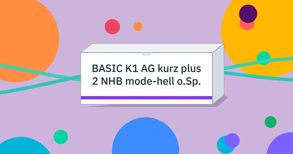 Symbolbild: Packung mit der Aufschrift BASIC K1 AG kurz plus 2 NHB mode-hell o.Sp. (PZN 20260128) – Verfügbarkeit und Bezug in Apotheken in Frankfurt am Main