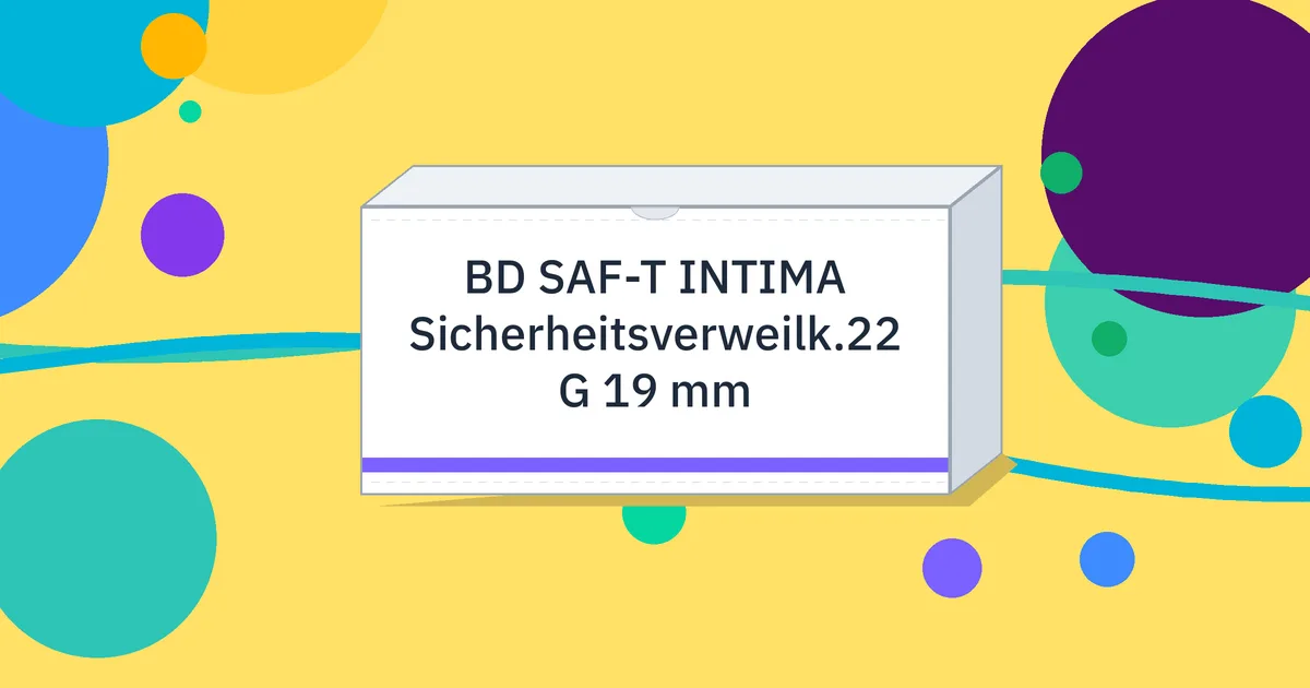 Symbolbild: Packung mit der Aufschrift BD SAF-T INTIMA Sicherheitsverweilk.22 G 19 mm (PZN 10054652) – Verfügbarkeit und Bezug in Apotheken in Frankfurt am Main