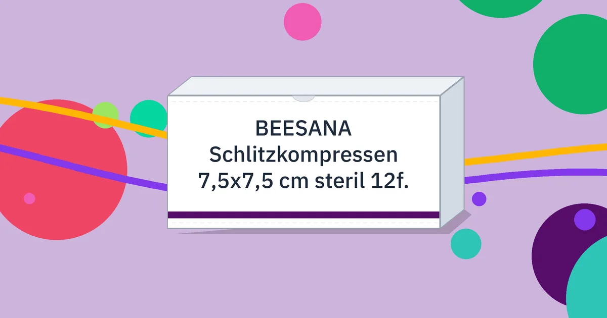 Symbolbild: Packung mit der Aufschrift BEESANA Schlitzkompressen 7,5x7,5 cm steril 12f. (PZN 01916652) – Verfügbarkeit und Bezug in Apotheken in Frankfurt am Main