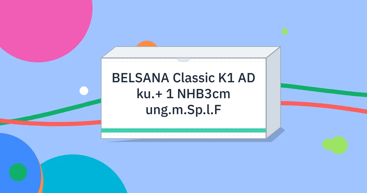 Symbolbild: Packung mit der Aufschrift BELSANA Classic K1 AD ku.+ 1 NHB3cm ung.m.Sp.l.F (PZN 19254631) – Verfügbarkeit und Bezug in Apotheken in Frankfurt am Main