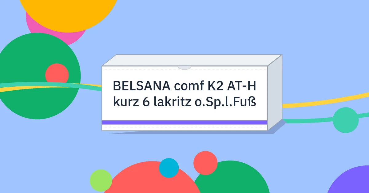 Symbolbild: Packung mit der Aufschrift BELSANA comf K2 AT-H kurz 6 lakritz o.Sp.l.Fuß (PZN 12331848) – Verfügbarkeit und Bezug in Apotheken in Frankfurt am Main