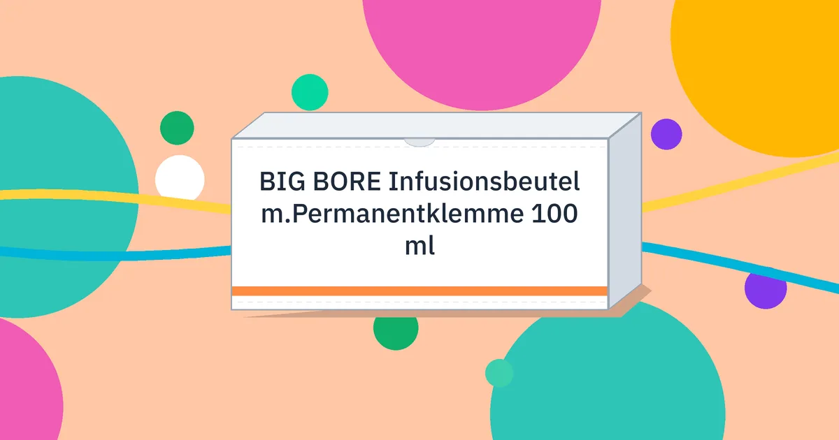 Symbolbild: Packung mit der Aufschrift BIG BORE Infusionsbeutel m.Permanentklemme 100 ml (PZN 10749360) – Verfügbarkeit und Bezug in Apotheken in Frankfurt am Main