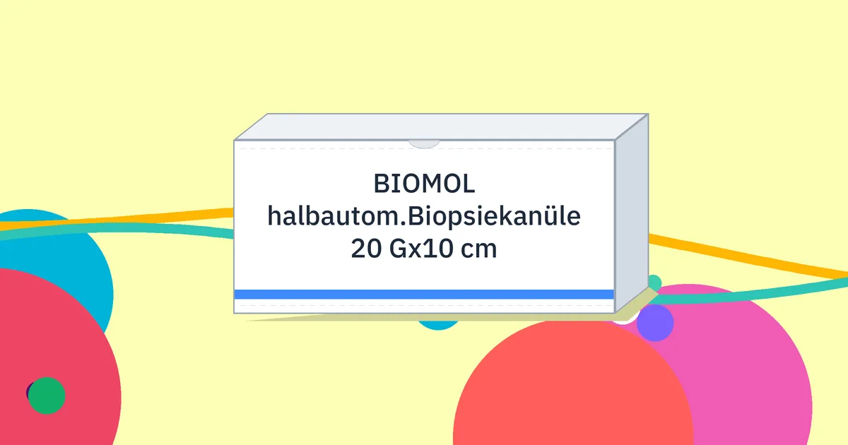 Symbolbild: Packung mit der Aufschrift BIOMOL halbautom.Biopsiekanüle 20 Gx10 cm (PZN 06123821) – Verfügbarkeit und Bezug in Apotheken in Frankfurt am Main