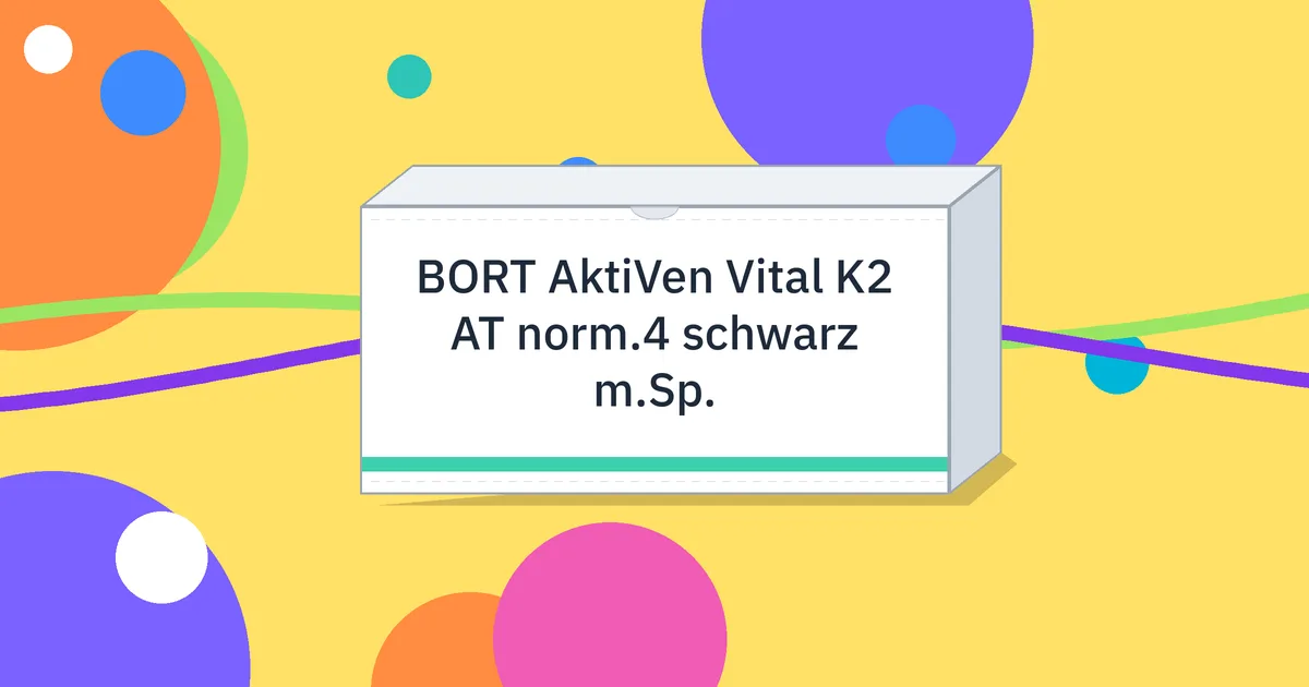 Symbolbild: Packung mit der Aufschrift BORT AktiVen Vital K2 AT norm.4 schwarz m.Sp. (PZN 13740508) – Verfügbarkeit und Bezug in Apotheken in Frankfurt am Main