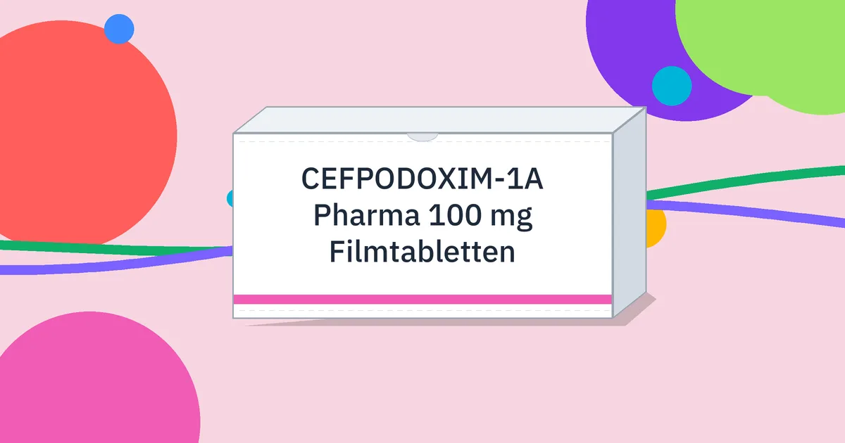 Symbolbild: Packung mit der Aufschrift CEFPODOXIM-1A Pharma 100 mg Filmtabletten (PZN 02550242) – Verfügbarkeit und Bezug in Apotheken in Frankfurt am Main