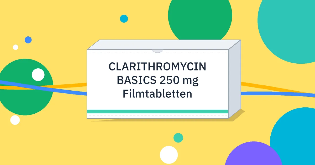 Symbolbild: Packung mit der Aufschrift CLARITHROMYCIN BASICS 250 mg Filmtabletten (PZN 03648210) – Verfügbarkeit und Bezug in Apotheken in Frankfurt am Main
