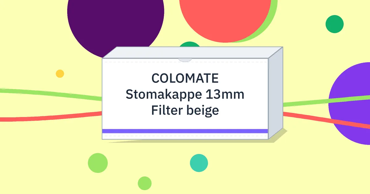 Symbolbild: Packung mit der Aufschrift COLOMATE Stomakappe 13mm Filter beige (PZN 10205737) – Verfügbarkeit und Bezug in Apotheken in Frankfurt am Main