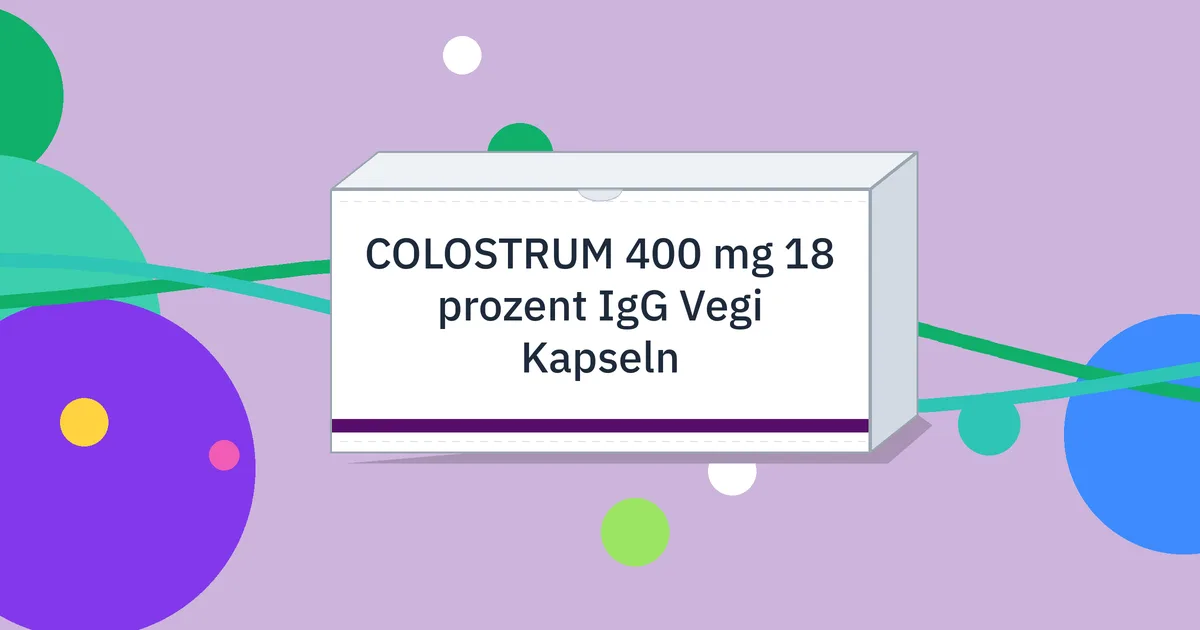Symbolbild: Packung mit der Aufschrift COLOSTRUM 400 mg 18 prozent IgG Vegi Kapseln (PZN 15245693) – Verfügbarkeit und Bezug in Apotheken in Frankfurt am Main