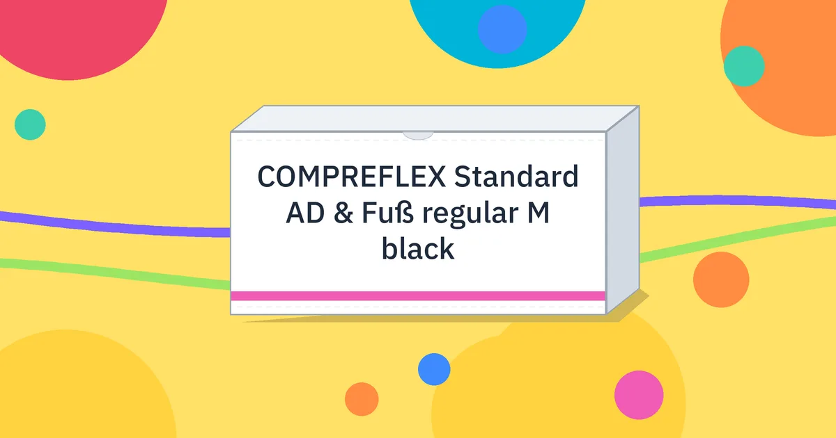 Symbolbild: Packung mit der Aufschrift COMPREFLEX Standard AD & Fuß regular M black (PZN 19534201) – Verfügbarkeit und Bezug in Apotheken in Frankfurt am Main