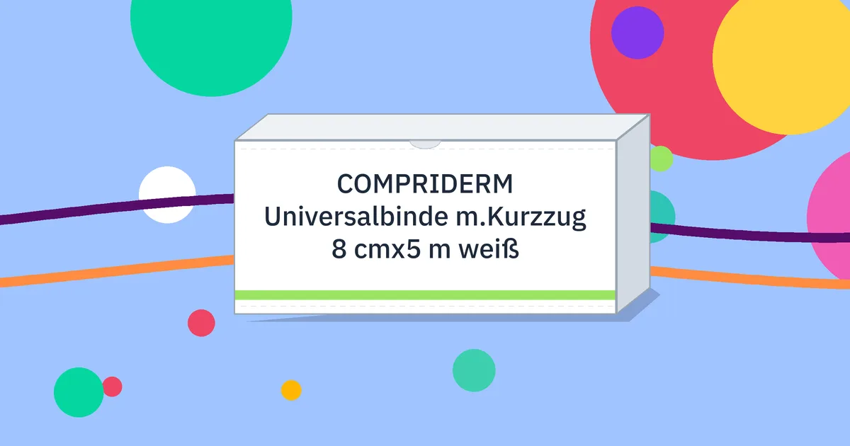 Symbolbild: Packung mit der Aufschrift COMPRIDERM Universalbinde m.Kurzzug 8 cmx5 m weiß (PZN 20111316) – Verfügbarkeit und Bezug in Apotheken in Frankfurt am Main