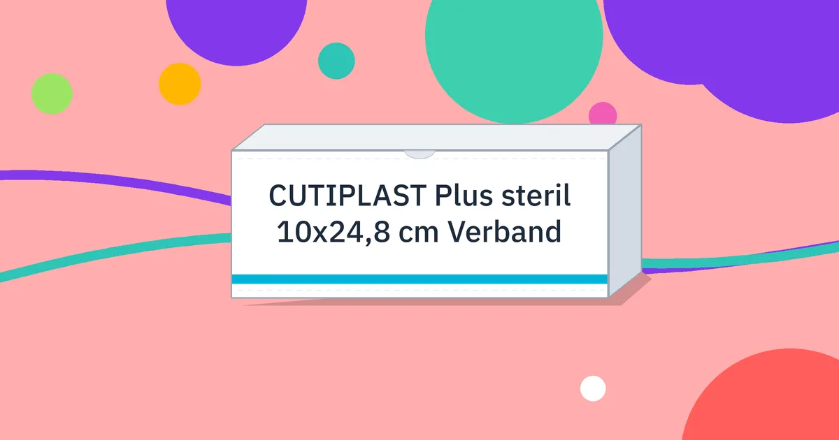 Symbolbild: Packung mit der Aufschrift CUTIPLAST Plus steril 10x24,8 cm Verband (PZN 10325482) – Verfügbarkeit und Bezug in Apotheken in Frankfurt am Main