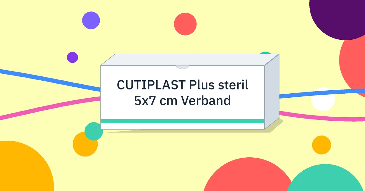 Symbolbild: Packung mit der Aufschrift CUTIPLAST Plus steril 5x7 cm Verband (PZN 19670068) – Verfügbarkeit und Bezug in Apotheken in Frankfurt am Main