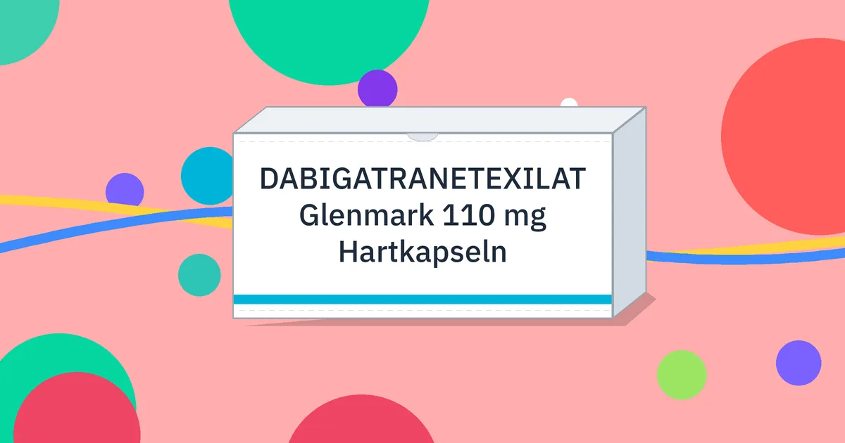 Symbolbild: Packung mit der Aufschrift DABIGATRANETEXILAT Glenmark 110 mg Hartkapseln (PZN 18444430) – Verfügbarkeit und Bezug in Apotheken in Frankfurt am Main