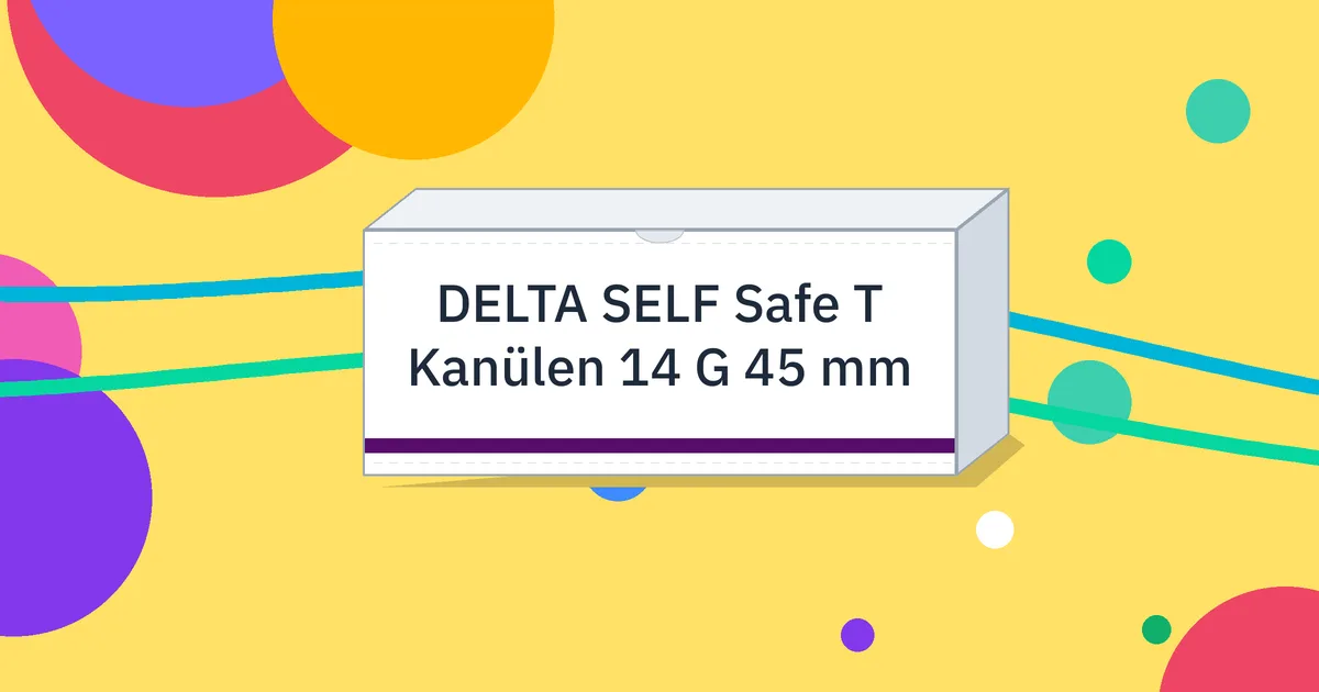 Symbolbild: Packung mit der Aufschrift DELTA SELF Safe T Kanülen 14 G 45 mm (PZN 07766320) – Verfügbarkeit und Bezug in Apotheken in Frankfurt am Main