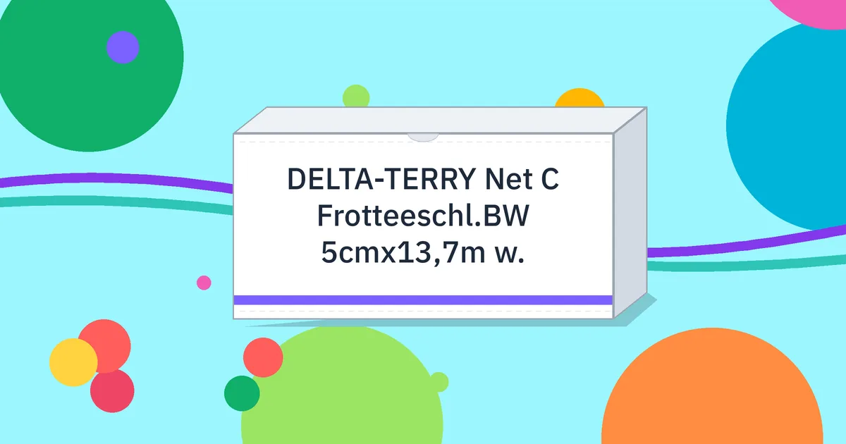 Symbolbild: Packung mit der Aufschrift DELTA-TERRY Net C Frotteeschl.BW 5cmx13,7m w. (PZN 00855428) – Verfügbarkeit und Bezug in Apotheken in Frankfurt am Main