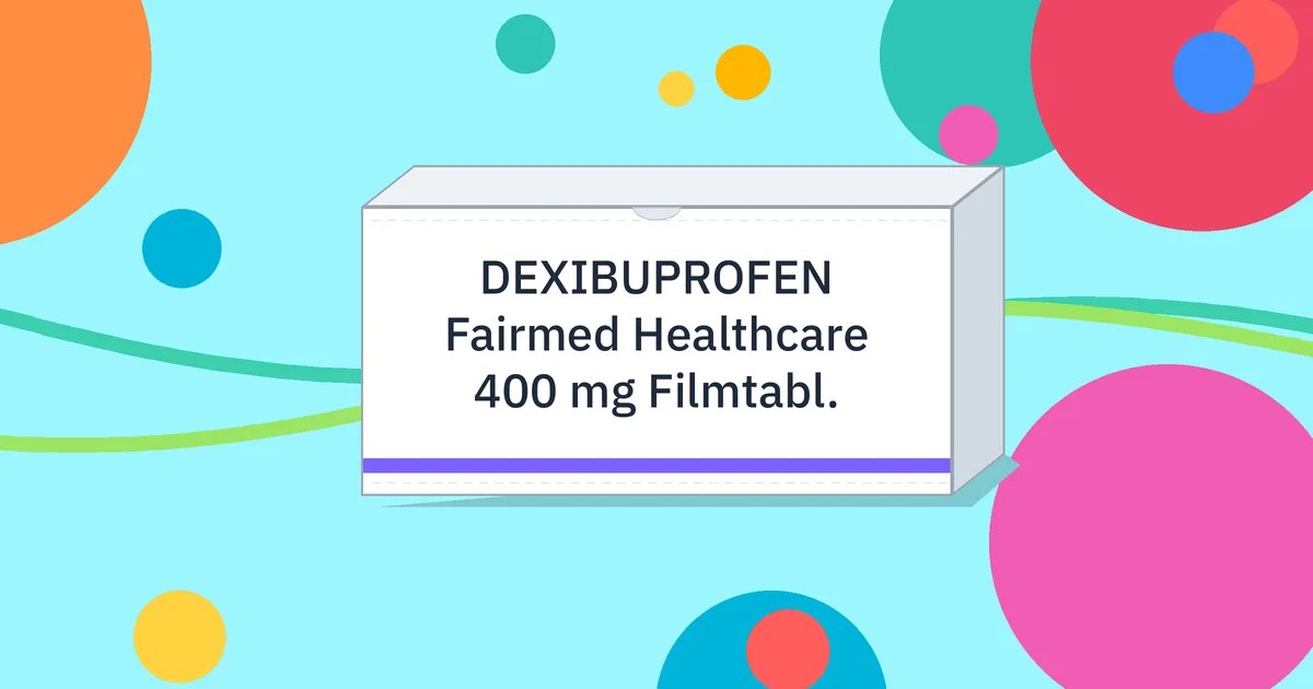 Symbolbild: Packung mit der Aufschrift DEXIBUPROFEN Fairmed Healthcare 400 mg Filmtabl. (PZN 16564029) – Verfügbarkeit und Bezug in Apotheken in Frankfurt am Main