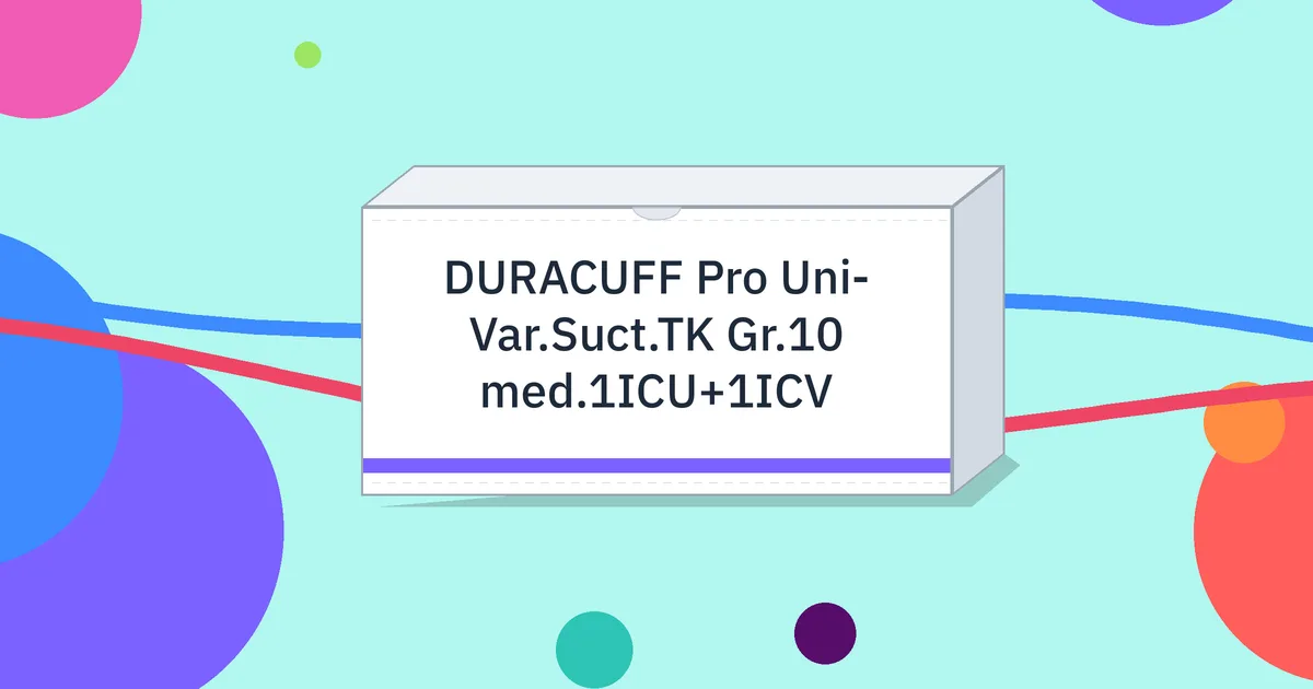Symbolbild: Packung mit der Aufschrift DURACUFF Pro Uni-Var.Suct.TK Gr.10 med.1ICU+1ICV (PZN 19245276) – Verfügbarkeit und Bezug in Apotheken in Frankfurt am Main