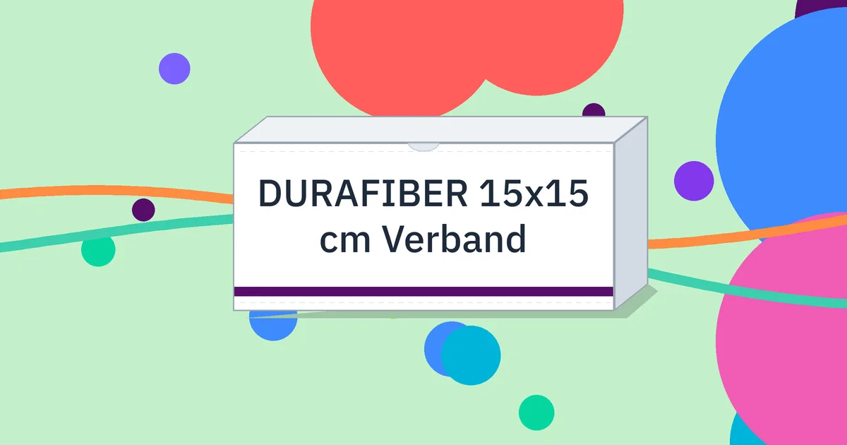 Symbolbild: Packung mit der Aufschrift DURAFIBER 15x15 cm Verband (PZN 00283185) – Verfügbarkeit und Bezug in Apotheken in Frankfurt am Main