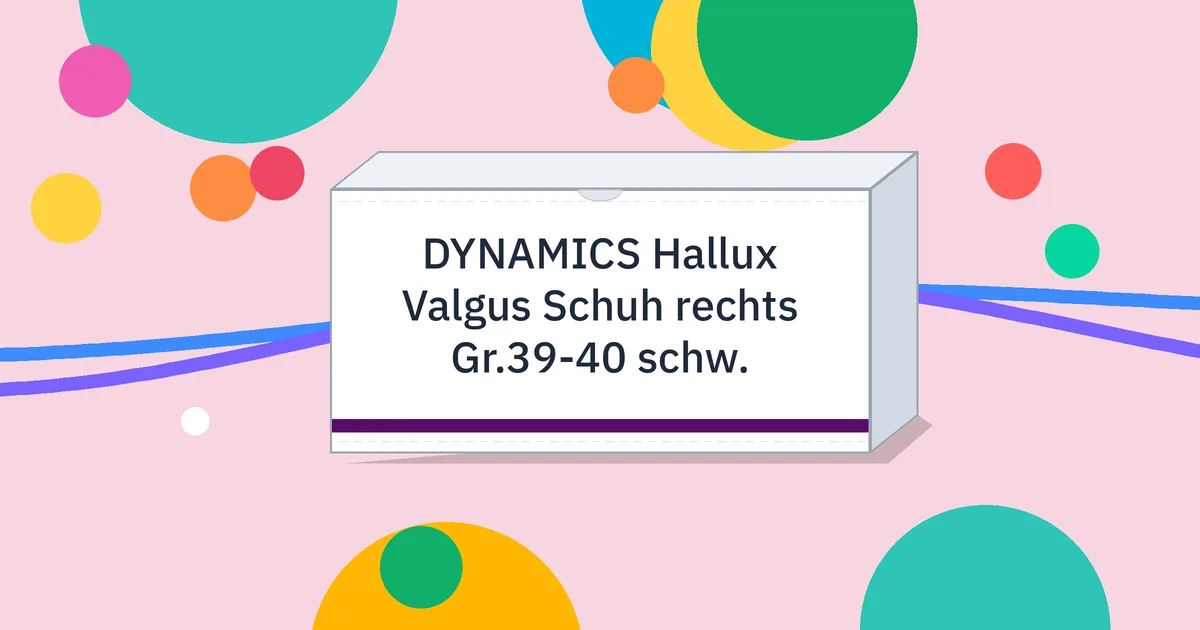 Symbolbild: Packung mit der Aufschrift DYNAMICS Hallux Valgus Schuh rechts Gr.39-40 schw. (PZN 10632600) – Verfügbarkeit und Bezug in Apotheken in Frankfurt am Main