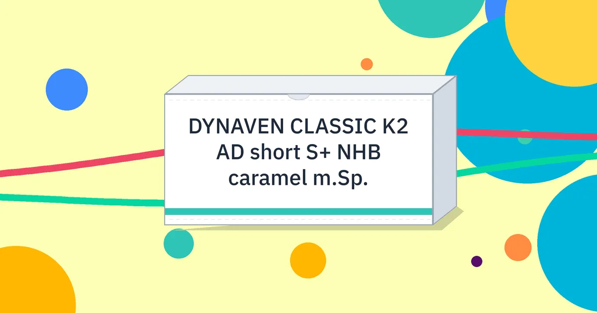 Symbolbild: Packung mit der Aufschrift DYNAVEN CLASSIC K2 AD short S+ NHB caramel m.Sp. (PZN 18418160) – Verfügbarkeit und Bezug in Apotheken in Frankfurt am Main