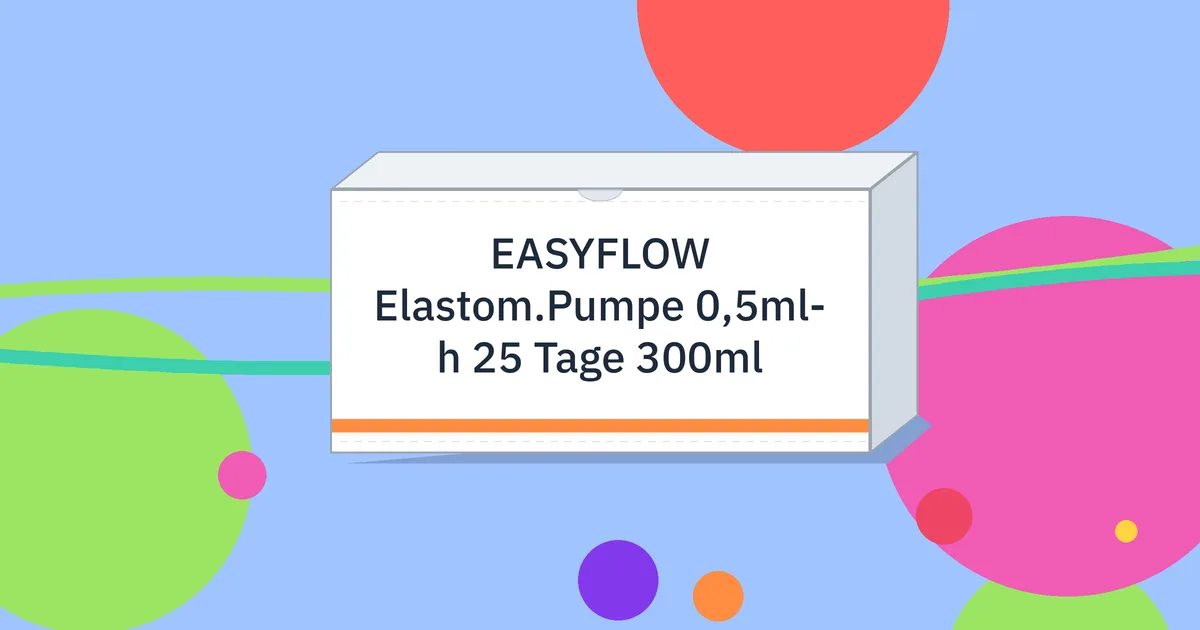 Symbolbild: Packung mit der Aufschrift EASYFLOW Elastom.Pumpe 0,5ml-h 25 Tage 300ml (PZN 19789036) – Verfügbarkeit und Bezug in Apotheken in Frankfurt am Main