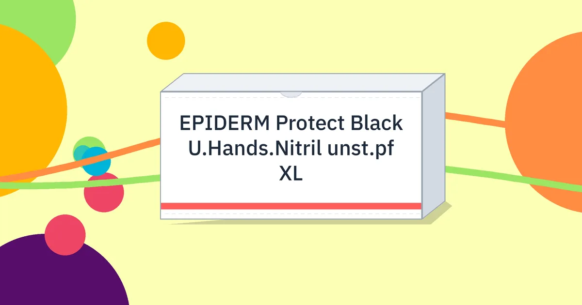 Symbolbild: Packung mit der Aufschrift EPIDERM Protect Black U.Hands.Nitril unst.pf XL (PZN 17896673) – Verfügbarkeit und Bezug in Apotheken in Frankfurt am Main