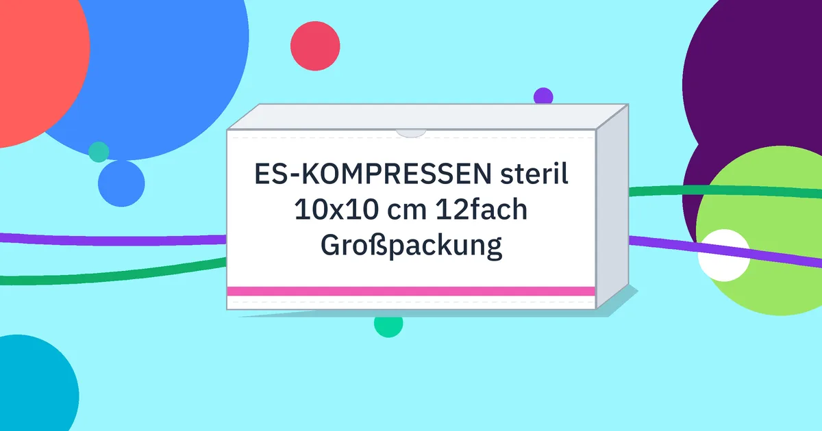 Symbolbild: Packung mit der Aufschrift ES-KOMPRESSEN steril 10x10 cm 12fach Großpackung (PZN 18381089) – Verfügbarkeit und Bezug in Apotheken in Frankfurt am Main