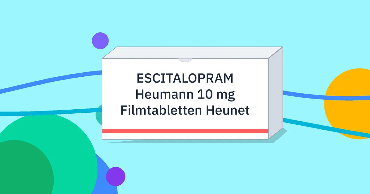 Symbolbild: Packung mit der Aufschrift ESCITALOPRAM Heumann 10 mg Filmtabletten Heunet (PZN 12581723) – Verfügbarkeit und Bezug in Apotheken in Frankfurt am Main