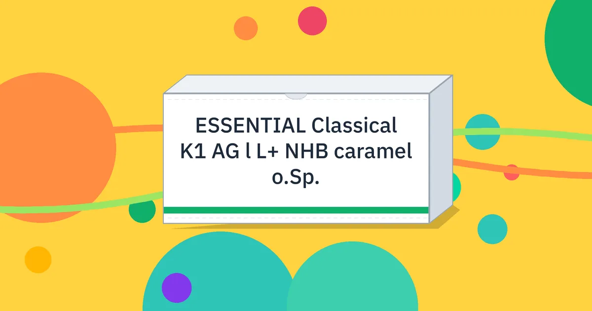 Symbolbild: Packung mit der Aufschrift ESSENTIAL Classical K1 AG l L+ NHB caramel o.Sp. (PZN 17009301) – Verfügbarkeit und Bezug in Apotheken in Frankfurt am Main