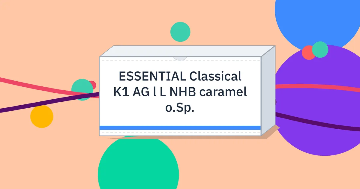 Symbolbild: Packung mit der Aufschrift ESSENTIAL Classical K1 AG l L NHB caramel o.Sp. (PZN 17009258) – Verfügbarkeit und Bezug in Apotheken in Frankfurt am Main