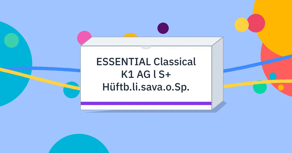 Symbolbild: Packung mit der Aufschrift ESSENTIAL Classical K1 AG l S+ Hüftb.li.sava.o.Sp. (PZN 17012622) – Verfügbarkeit und Bezug in Apotheken in Frankfurt am Main