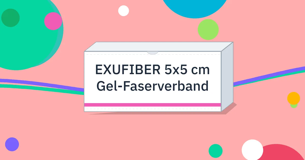 Symbolbild: Packung mit der Aufschrift EXUFIBER 5x5 cm Gel-Faserverband (PZN 17605747) – Verfügbarkeit und Bezug in Apotheken in Frankfurt am Main