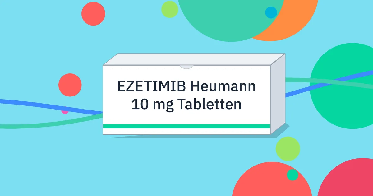 Symbolbild: Packung mit der Aufschrift EZETIMIB Heumann 10 mg Tabletten (PZN 13706581) – Verfügbarkeit und Bezug in Apotheken in Frankfurt am Main