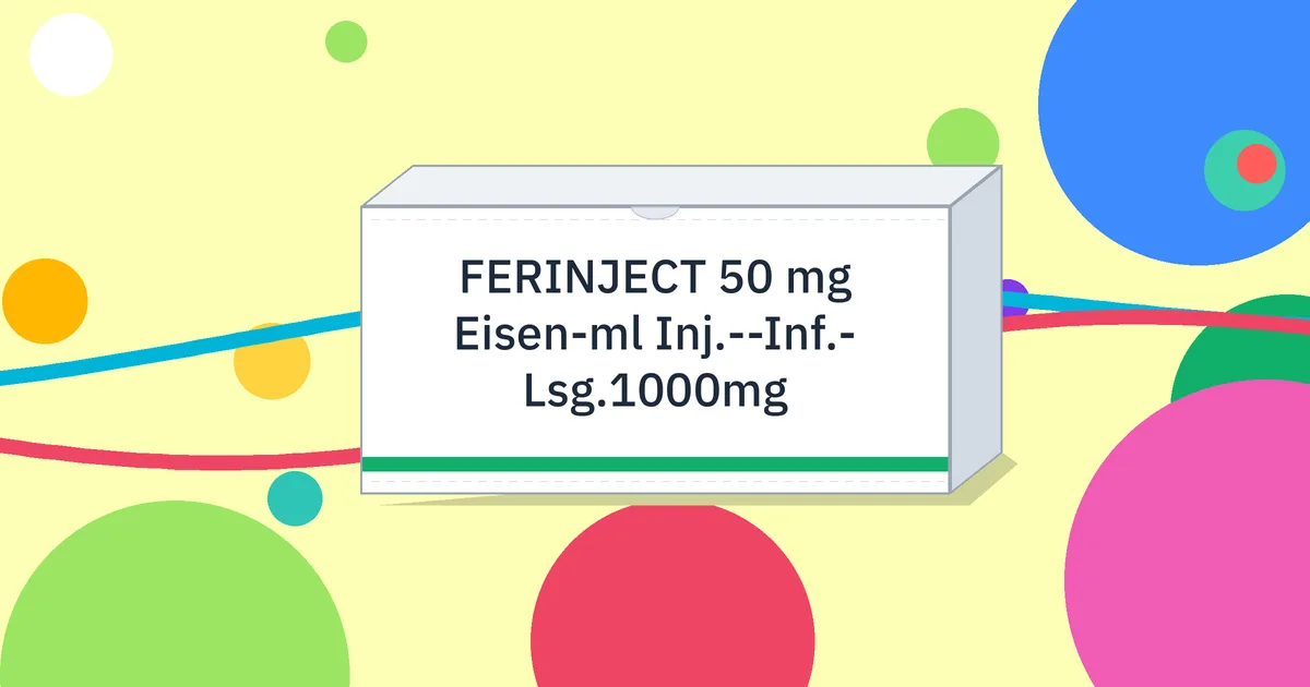 Symbolbild: Packung mit der Aufschrift FERINJECT 50 mg Eisen-ml Inj.--Inf.-Lsg.1000mg (PZN 17264677) – Verfügbarkeit und Bezug in Apotheken in Frankfurt am Main