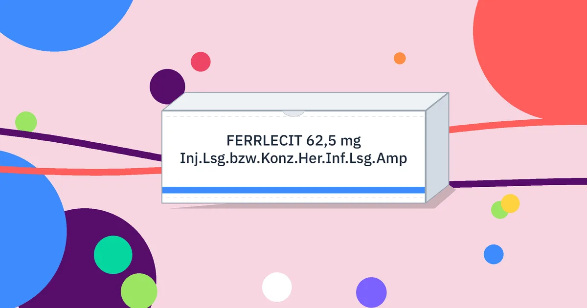 Symbolbild: Packung mit der Aufschrift FERRLECIT 62,5 mg Inj.Lsg.bzw.Konz.Her.Inf.Lsg.Amp (PZN 00523270) – Verfügbarkeit und Bezug in Apotheken in Frankfurt am Main