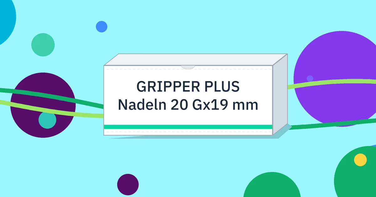 Symbolbild: Packung mit der Aufschrift GRIPPER PLUS Nadeln 20 Gx19 mm (PZN 00435873) – Verfügbarkeit und Bezug in Apotheken in Frankfurt am Main