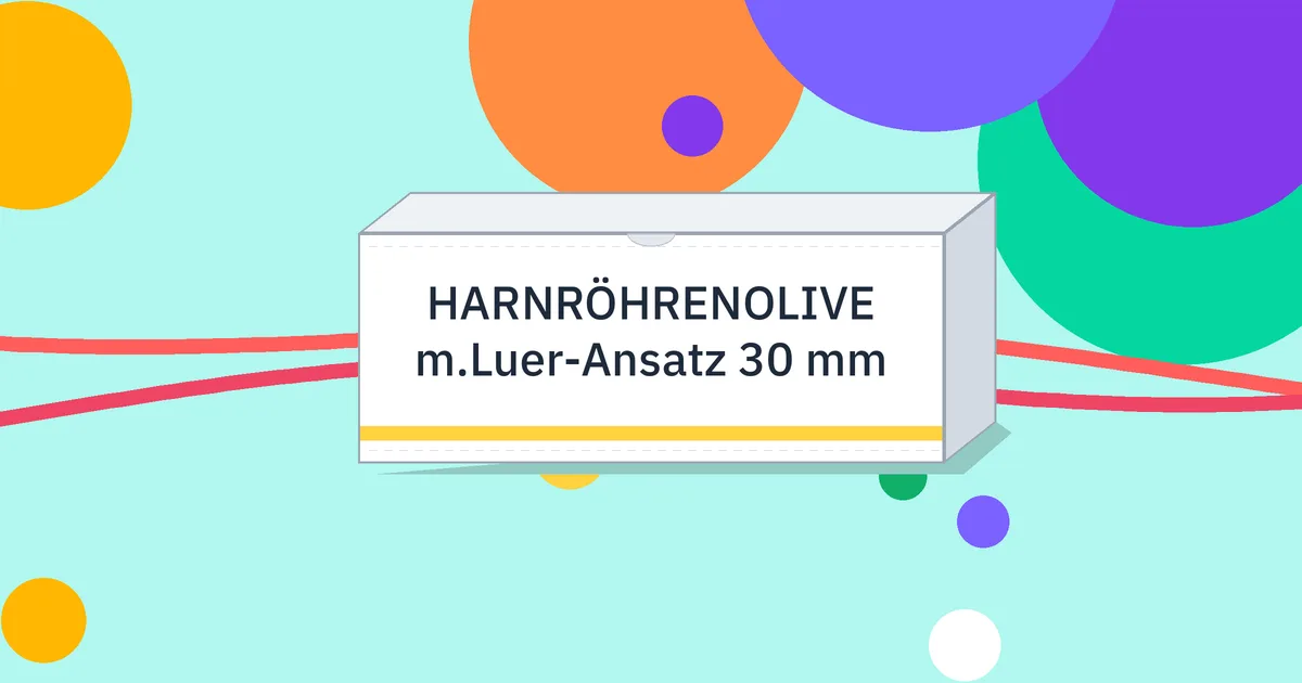 Symbolbild: Packung mit der Aufschrift HARNRÖHRENOLIVE m.Luer-Ansatz 30 mm (PZN 19413905) – Verfügbarkeit und Bezug in Apotheken in Frankfurt am Main