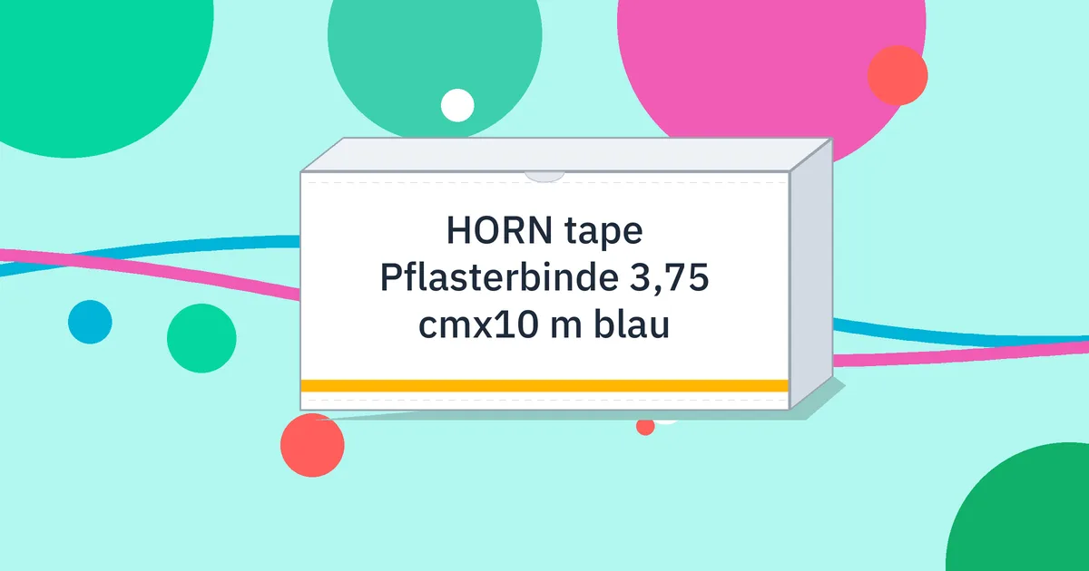 Symbolbild: Packung mit der Aufschrift HORN tape Pflasterbinde 3,75 cmx10 m blau (PZN 04676639) – Verfügbarkeit und Bezug in Apotheken in Frankfurt am Main