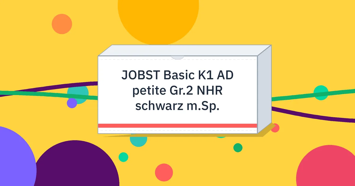 Symbolbild: Packung mit der Aufschrift JOBST Basic K1 AD petite Gr.2 NHR schwarz m.Sp. (PZN 15313561) – Verfügbarkeit und Bezug in Apotheken in Frankfurt am Main