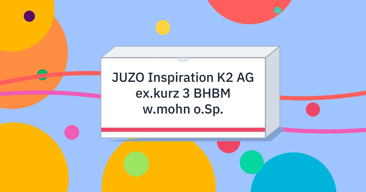 Symbolbild: Packung mit der Aufschrift JUZO Inspiration K2 AG ex.kurz 3 BHBM w.mohn o.Sp. (PZN 14886177) – Verfügbarkeit und Bezug in Apotheken in Frankfurt am Main