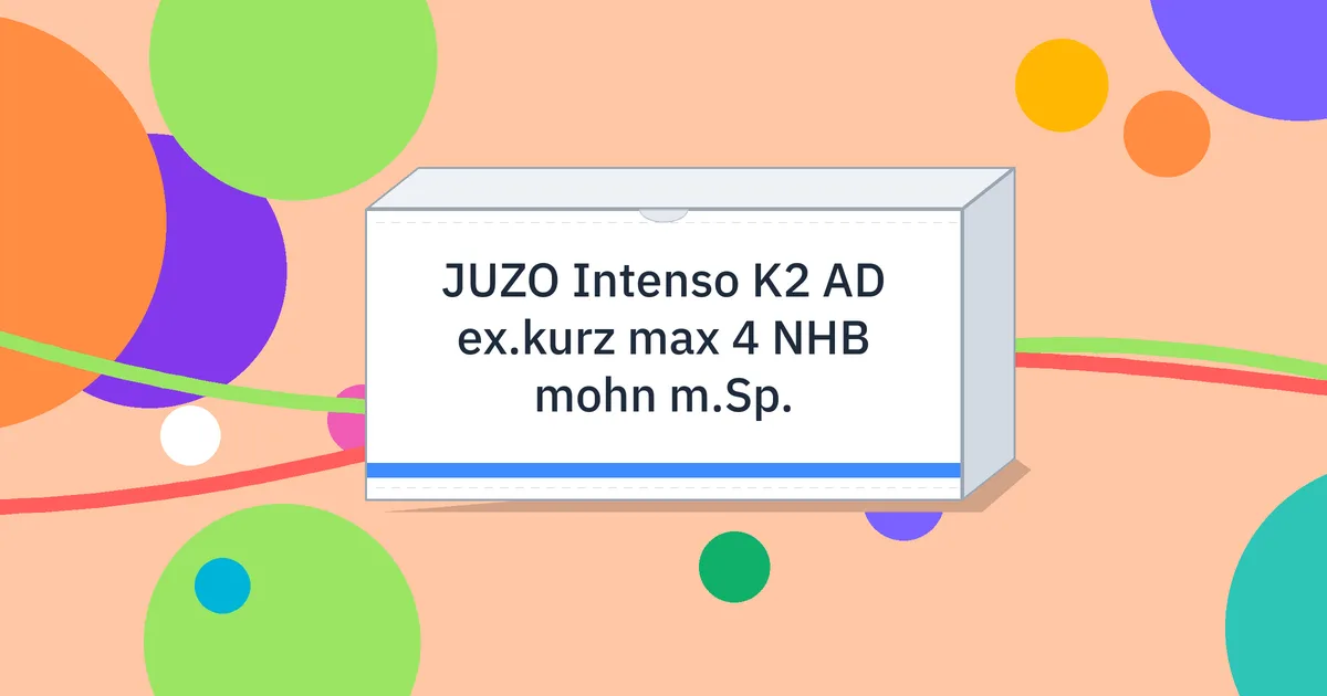 Symbolbild: Packung mit der Aufschrift JUZO Intenso K2 AD ex.kurz max 4 NHB mohn m.Sp. (PZN 18610590) – Verfügbarkeit und Bezug in Apotheken in Frankfurt am Main